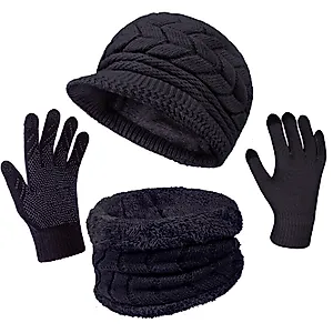 3-Pieces Winter Hat Gloves Scarf Set, Knit Warm Beanie Hat Neck Warmer Touch Screen Mittens for Women, Black