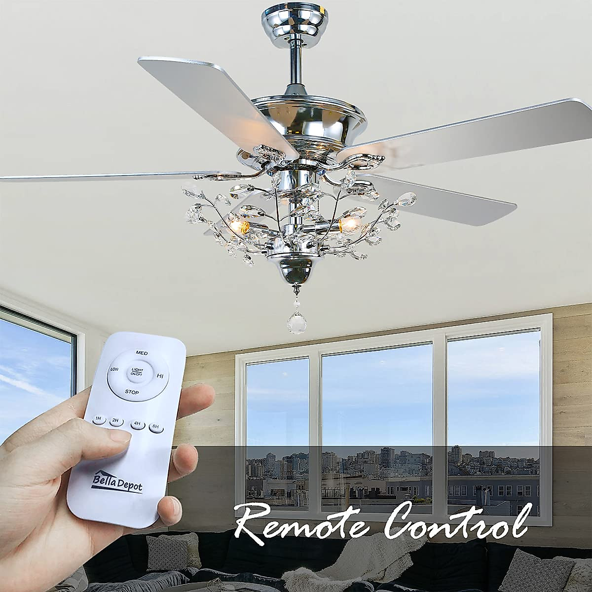 Bella Depot 52-in Chrome Branches Crystal Ceiling Fan, Remote Control, Reversible Motor & 5 Wood Reversible Blades, K9 Crystal Pendant, Chrome Finish (Chrome)