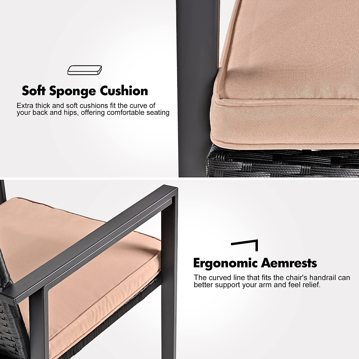 SUNLEI Outdoor 3-Piece Bistro Set Black Wicker Furniture-Two Chairs with Glass Coffee Table(Khaki)