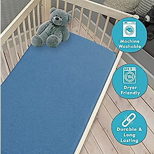 Dreamology 100% Cotton Jersey Knitted Mini Crib Sheets for Boys and Toddler, Soft and Breathable, Crib Sheets Girl Snug Fit, Machine Washable(P3,Denim Blue, Sky Blue/Gray Stripe, 38"x24"x6")