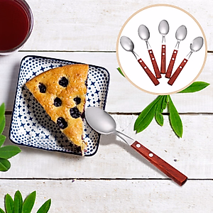 Hemoton 5pcs Stainless Steel Coffee Spoons Wood Handle Tea Spoons Dessert Ice Cream Cake Tasting Spoon Dinner Spoon for Home Kitchen Restaurant