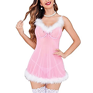 Avidlove Christmas Babydoll Dress Lingerie for Women See-Through Nightwear with Fur XL Pink