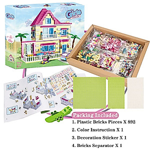 BRICK STORY Girls Friends House Building Kit, 892 PCS Big Villa Building Blocks City Family Beach House Model Toy Set Apartment Room Playset with 4 Mini People and Car for Girls Kids Aged 6 and Up