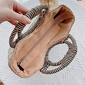 QTKJ Women Summer Retro Straw Bag with Zip Hand-woven Beach Handbag Top Round Handle Boho Tote Bag Shopping and Travel Large Bag (Green)