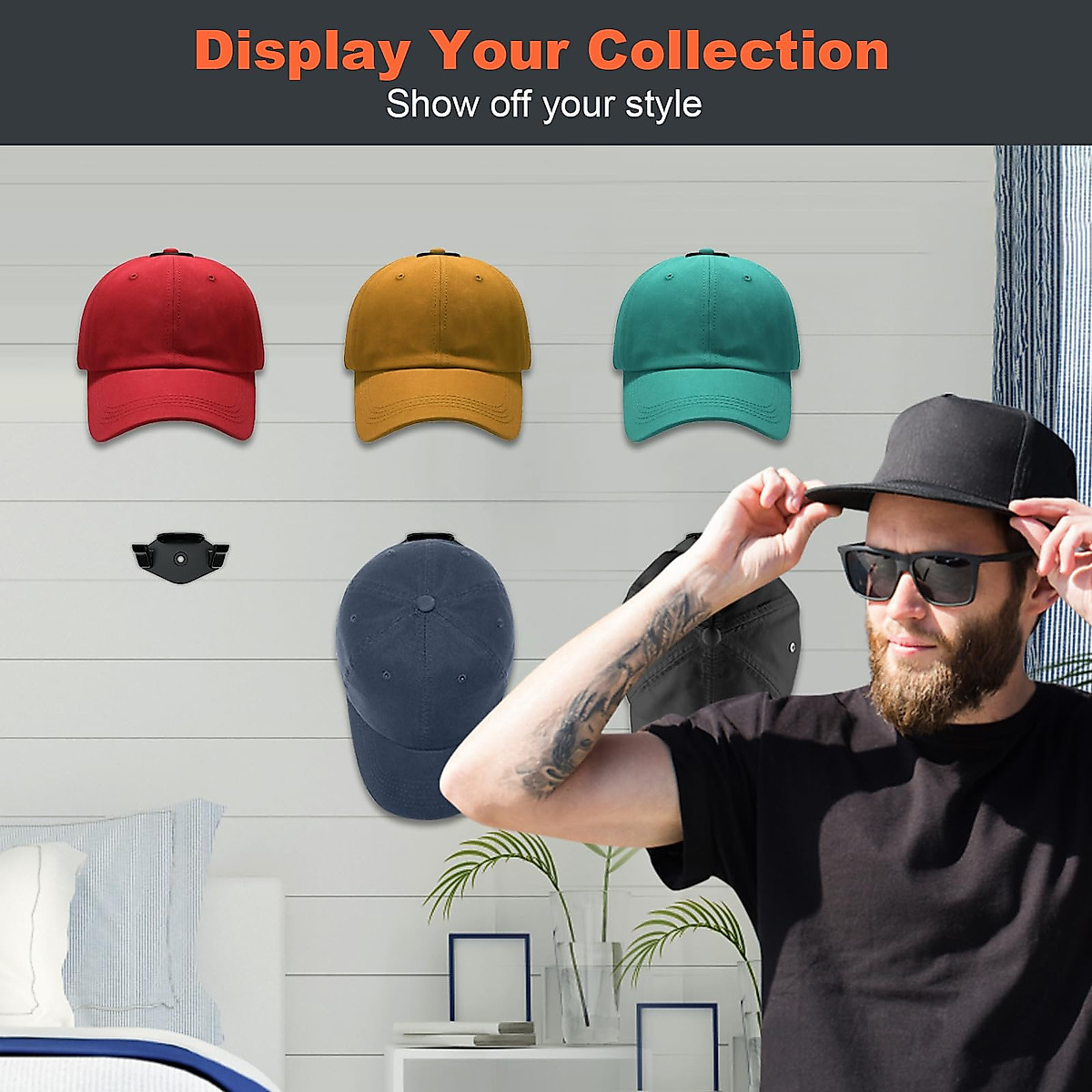 KOVSPO Adhesive Hat Hooks for Wall (16-Pack), Hat Rack for Baseball Caps, Strong Hat Organizer, Minimalist Hat Display, Hat Hangers for Wall (Black)