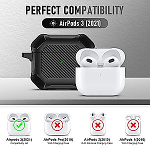 Maxjoy for for Airpods 3rd Generation Case, Carbon Fiber Secure Lock Clip Full Body Shockproof Hard Shell Protective Apple for Airpods 3 Case Cover with Keychain for AirPod 3rd Gen 2021 for Men, Black