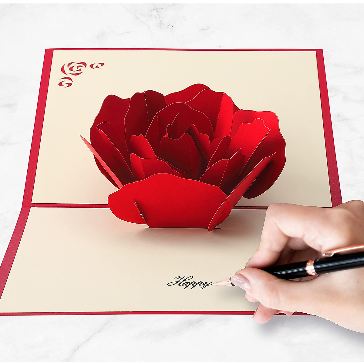 VUDECO Rose 3D Pop Up Happy Birthday Card Women Men Kid With Envelope Anniversary Card Wife Husband, Mothers Day Card Mom Greeting Card Wedding Thank You Card Thinking You Card Valentine Day Card