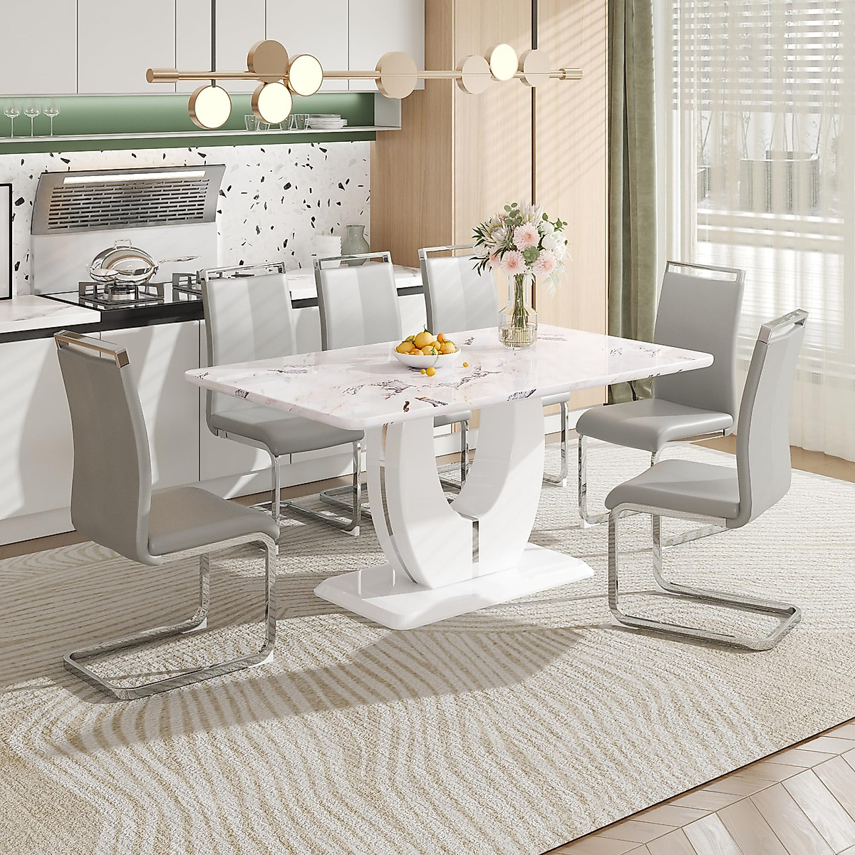Pvillez White Dining Table Set for 6,Faux Marble Kitchen Table Set,63" Dining Room Table Set with Chairs,Modern Dinner Table Set with Marble Grain Top,7 Piece Dining Table Set