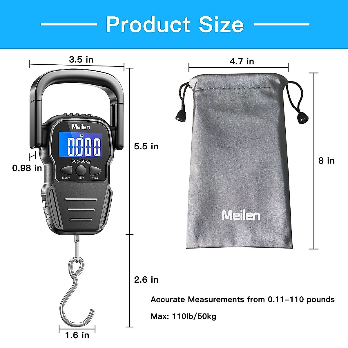 Luggage Scale, 110lb/50kg Luggage Weight Scale with Backlit LCD Display, Digital Fish Scale with Measuring Tape Portable Hanging Scale Suitcase Scale with Handle & Large Hook & 2 AAA Batties
