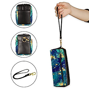 TropicalLife Turquoise Marbling Texture Golden Pencil Case, Portable Pu Leather Pencil Pen Case Pouch Bag with Zipper for Travel, School, Cosmetic Bag