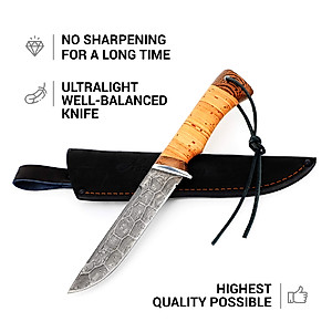 Nazarov Premium Damascus Hunting Knife - Handmade VEPR Damascus Steel Knife with Sheath - Hand Forged Sharp Fixed Blade Knives with Non-Slip Birchbark Handle - Well Balanced Survival Knife with Sheath