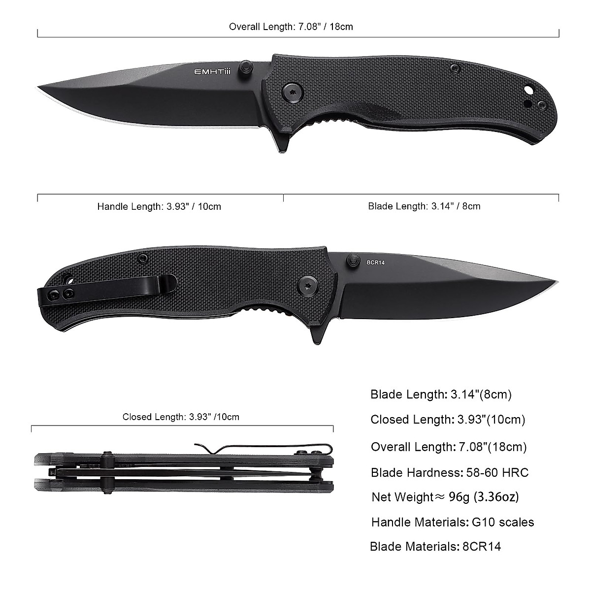 EMHTiii Pocket Knife Folding Knives: 3.14" Stainless Steel Black Blade, G10 Scales