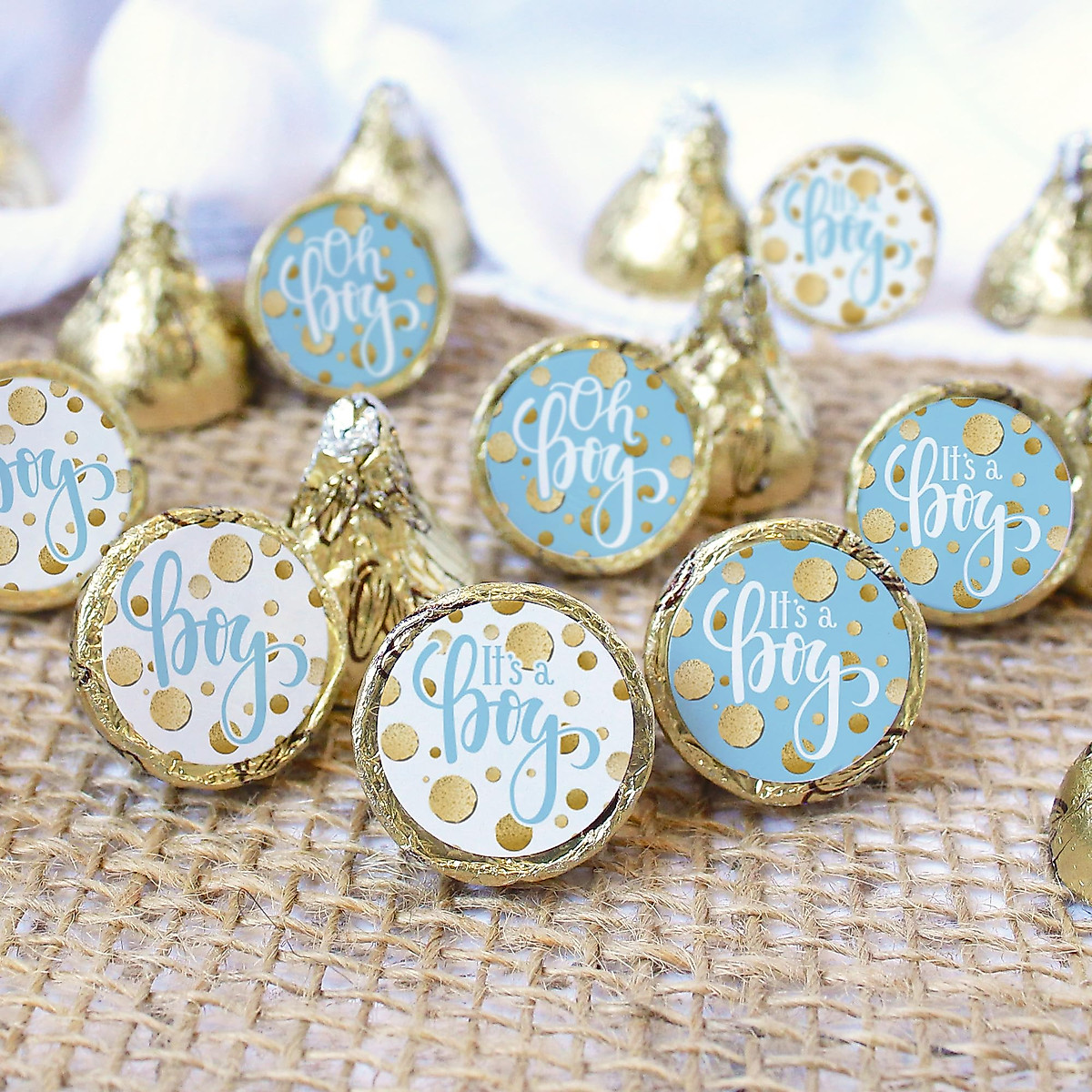 Blue and Gold It's a Boy Baby Shower Favor Stickers, Chocolate Kisses Party Favor Candy Stickers - 180 Labels