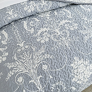 Gray Cotton Quilt Set Queen Size Floral Quilt Set White Flowers Leaves Cotton Reversible 3pc Quilt Bedding Set, Coverlet, Bedspread with 2 Pillow Shams
