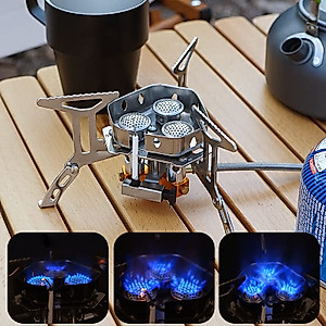 Joyeee Portable Gas Camping Stove, 20000 BTU of Power Mini Lightweight Folding Temperature Control 3-Burner Stove, Stable Support, Fishing Hiking Stove, Outdoor Cooking & Hiking Picnic BBQ Cooker