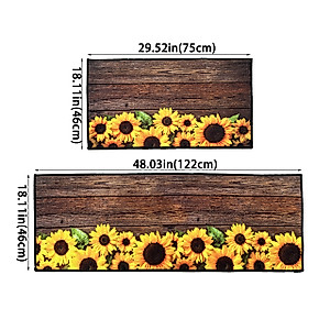 LUOWAN Fall Sunflower Farmhouse 2 Piece Kitchen Mat Set, Non-Slip Anti-Fatigue Wooden Grain Standing Mats, Retro Thanksgiving Comfort Throw Rug for Kitchen Laundry Office, 17"x29"+17"x47"
