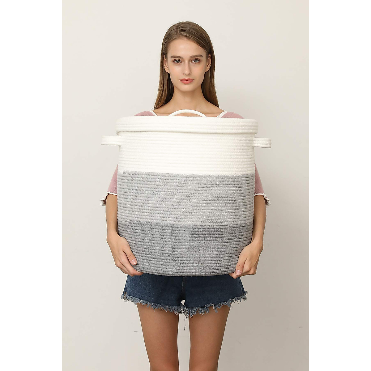 16" x 16" x 18" Extra Large Storage Basket with Lid, Cotton Rope Storage Baskets, Laundry Hamper, Cloth Bin, for Clothes Towels Blankets Pillows Storage in Living Room, Light Grey/Grey with Cover