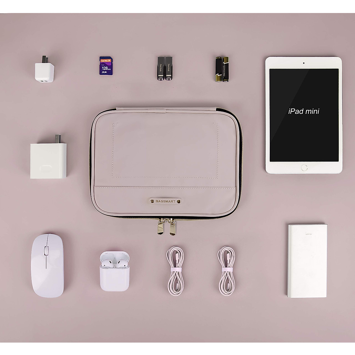 BAGSMART Electronic Organizer, Large Travel Cable Bag,Cord Organizer Bag,Electronics Accessories Cases for 7.9'' iPad Mini,iPhone,Cables,Chargers,USB,SD Card,Leather,Pink