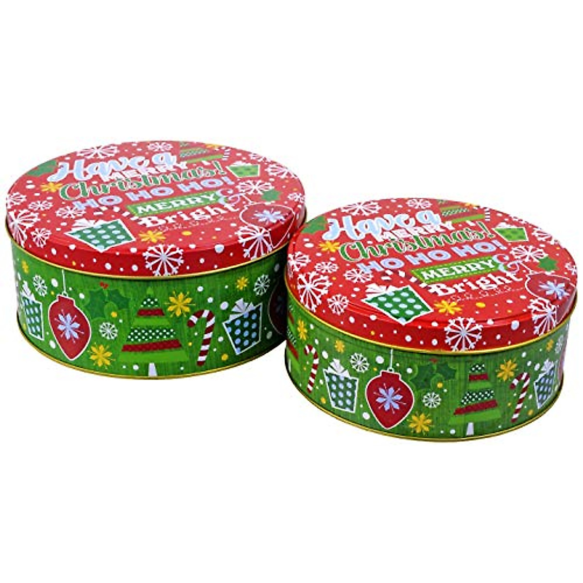 Round Nesting Tins With Holiday Print Designs Bundle of 2 Round Metal Tins with Lids for Cookies, Candy, Food Presents - 1- 6 and 3/4 Inches and 1- 6 inches Diameter