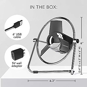 SHARPER IMAGE SBM1-SI USB Fan with Soft Blades, 2 Speeds, Touch Control, Quiet Operation, Metal Frame, 5V Wall Adapter, 6 ft. Cable, Personal, Black/Chrome