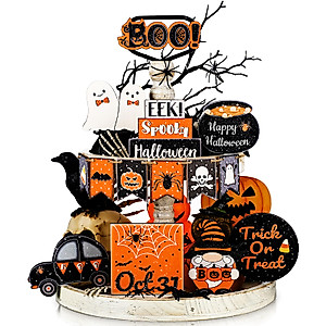 Thyle 15 Pcs Halloween Tiered Tray Decor Set Cute Halloween Wooden Signs Black and Orange Tray Signs Happy Halloween Wooden Signs Ghost Wooden Block Halloween Decor for Home