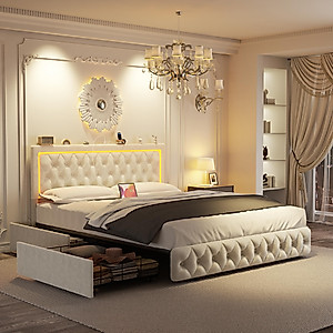 Ucloveria Queen Size Bed Frame with 4 Storage Drawers, Upholstered Platform Bed with Type-C & USB Ports, Adjustable Button Tufted Headboard, No Box Spring Needed, Velvet Beige
