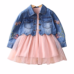 Spring Autumn Little Girls Clothing Set Child Kids Denim Jacket and Long Sleeve Dress 2 Pieces Set (4T, Pink)