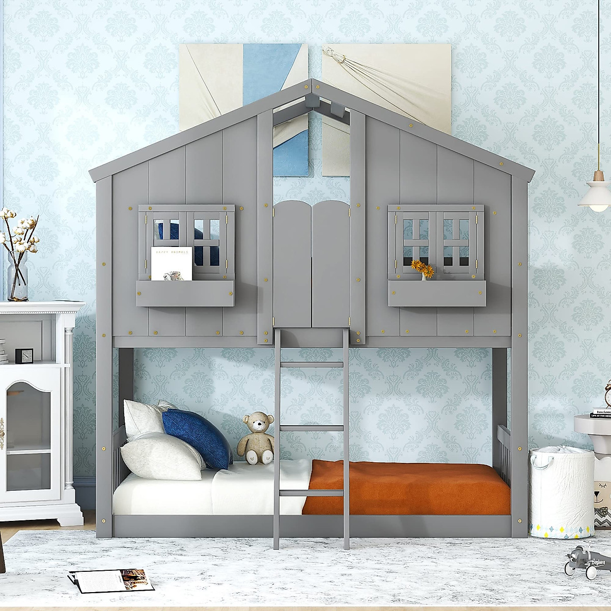 MERITLINE Twin Over Twin House Bunk Bed, Wood Floor Bunk Bed Frame with Roof, Window, Window Box & Door, Twin Bunk Bed for Kids Boys Girls Teens (Grey)