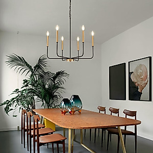 ZUYURT Modern Black and Gold Chandelier for Dining Room, 6-Light Metal Farmhouse Dining Room Light Fixtures Hanging Over Table, E12 Candle Lighting for Kitchen, Living Room, Foyer, Entry, Staircase