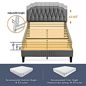 Yaheetech Full Bed Frame Velvet Upholstered Platform Bed with Curved Headboard, Height-Adjustable Headboard/Noise-Free/Wooden Slats Support/No Box Spring Needed/Easy Assembly, Dark Gray Full Bed