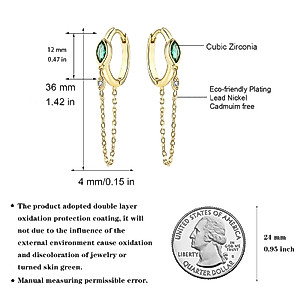 JIANGYUE 18K Gold Plated Chain Earrings for Women Emerald Green Hoop Earrings Tassel Dangle Earrings Trendy CZ Small Hypoallergenic Jewelry