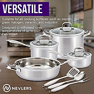 Nevlers 10 Piece Multi-Clad Tri-Ply 18/8 Stainless Steel Cookware Set - Pots and Pans Set - Makes for a Great Cooking Set for Your Kitchen - It is Dishwasher Safe Too!