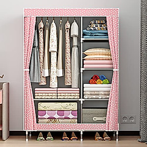 Wardrobe Portable Closet Clothes Storage Organizer with Pink Fabric Cover and Hanging Rails, Quick and Easy to Assemble, Extra Sturdy, Clothing Storage Closet Shelves for Bedroom, Cloakroom, Apartment