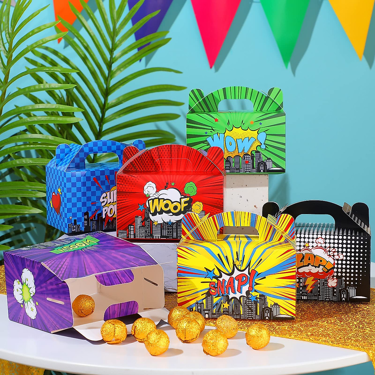 Teling 24 Pcs Hero Party Favor Boxes Hero Party Treat Boxes Hero Action Sign Boxes Cartoons Gift Box Cardboard Goodie Snack Candy Bags for Kids Girl Boy Birthday Party Baby Shower Supplies Decorations