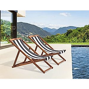 Beach Chair Lounge Chair 2 Set Outdoor Wooden Patio Beach Sling Chair Adjustable Portable Folding Chairs for Outside with Polyester Canvas Lounging Chair for Garden, Backyard, Poolside, Balcony(WB)