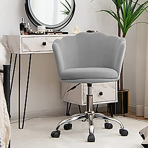Giantex Kids Desk Chair, Comfy Home Office Task Chair with Wheels, Upholstered Velvet Seashell Back Vanity Chair, Cute Modern Computer Chair for Girls, Adjustable Swivel Rolling Arm Chair, Grey