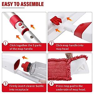 Spray Mops for Floor Cleaning, Microfiber Spray Cleaning Mop Kit with 3 Reusable Washable Pads 700ML Refillable Bottle and Scrubber Flat Mop with 360 Degree Swivel Head for Hardwood Laminate (Red)