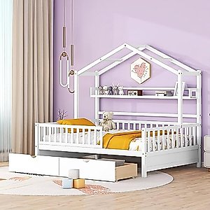 CKLMMC Full Size House Bed with 2 Drawers and 2 Shelves,Wooden Daybed Frame with Roof,Bedroom Furniture for Kids, Teens, Girls & Boys, Can Be Decorated (White/House-F)