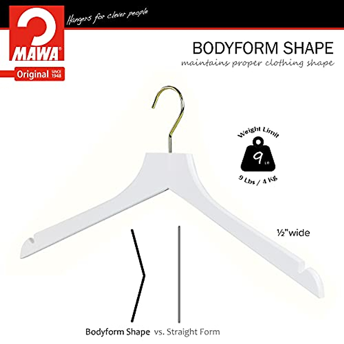 MAWA by Reston Lloyd, European Wooden Hanger, Beech Wood Straight Hanger with Shoulder Notches, Rotating Gold Hook, White Finish, for Shirts, Blazers, Dress Clothes Hanger, (27135)