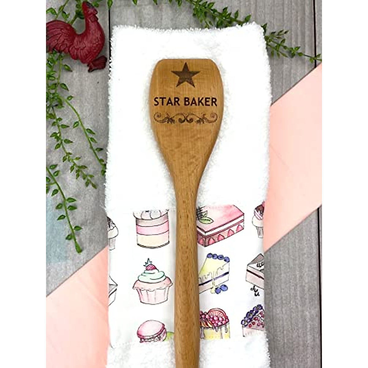 Star Baker Wooden Spoon Dishtowel Set, Laser Engraved Spoon Towel Gift Set, Star Baker Baking Gift for Baking Show Fans, Pastry Dishtowel, Baking Gift for Bakers, Personalization Optional