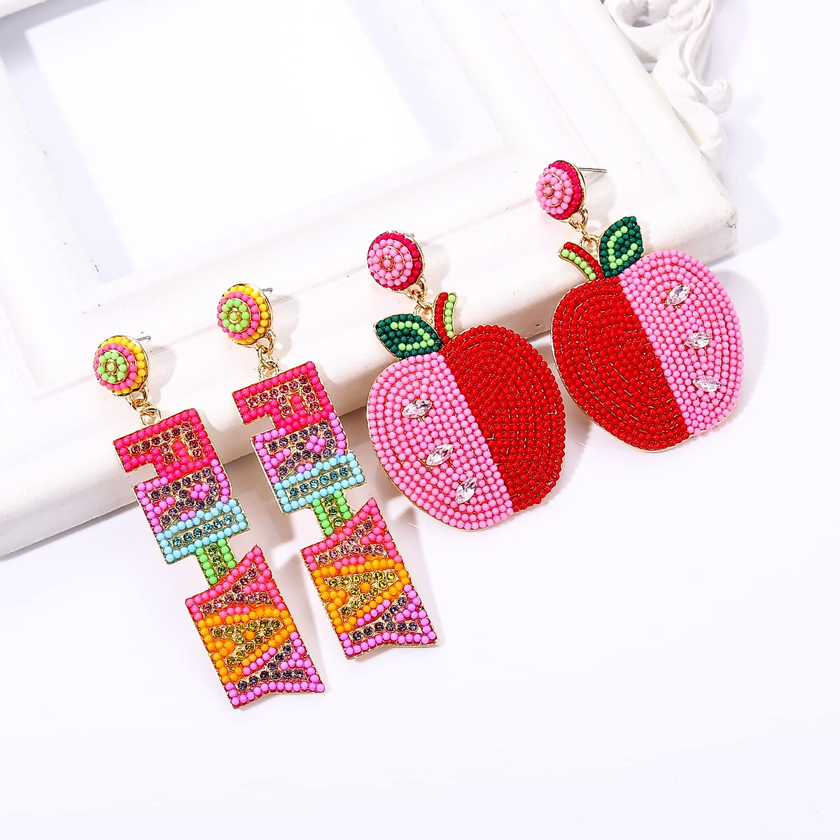 2 Pairs Teacher Earrings for Women, Beaded Fri-Yay Pencil Earrings Drop Dangle Earrings Teacher Appreciation Gifts Teacher Jewelry Gifts (FRI-YAY&Apple)