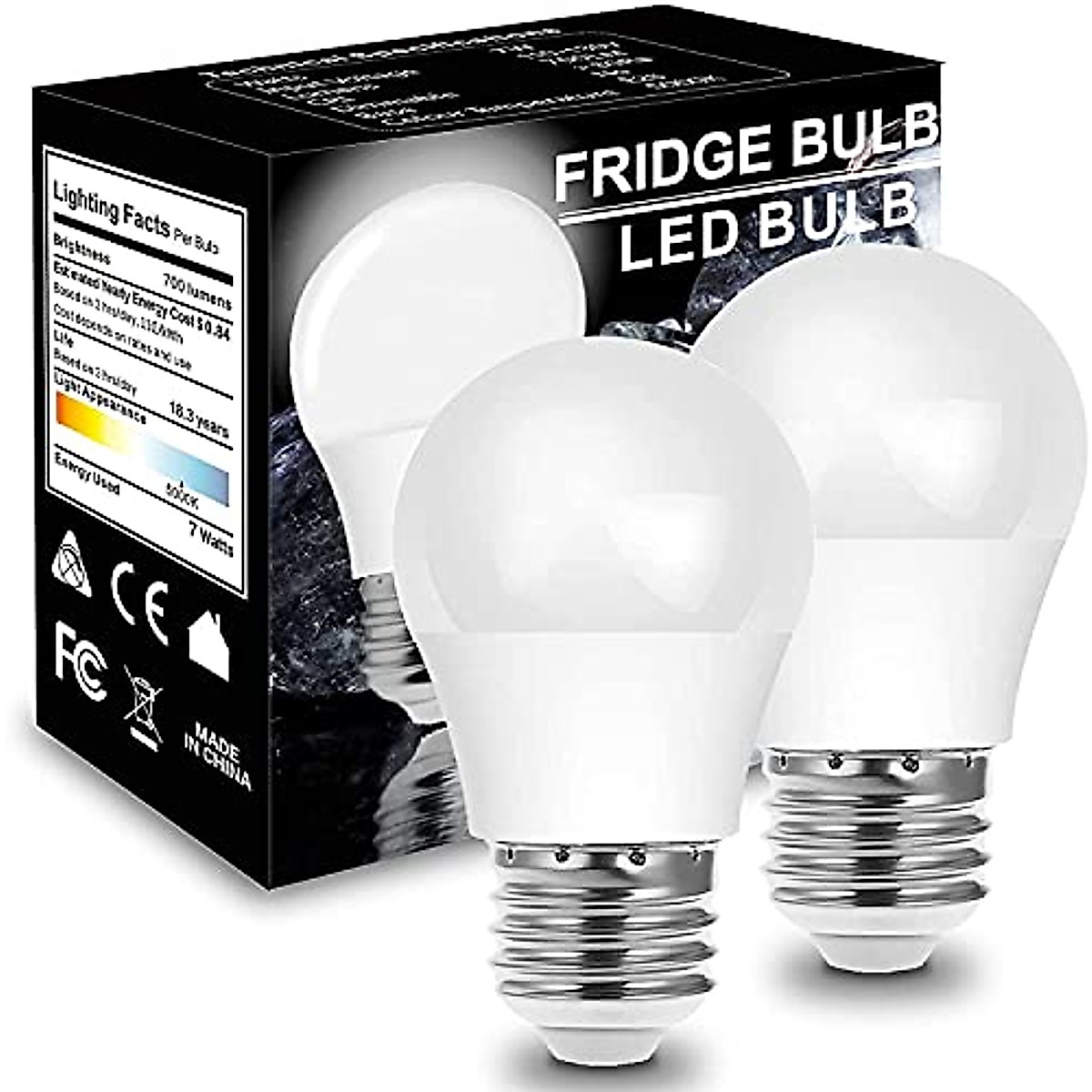 KINDEEP 7W Refrigerator Light Bulb, A15 LED Bulb, 60 Watt Equivalent, Daylight White 5000K, 700LM, Waterproof Appliance Fridge Light Bulb, Ceiling Fan, Non-Dimmable, E26 Medium Base, 2 Pack