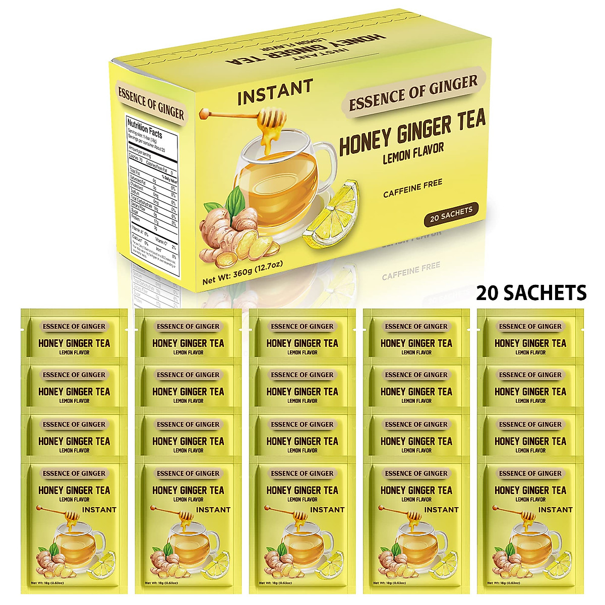 Natural Honey Lemon Ginger Herbal Tea 20 Sachet Packets Instant Beverage 18 Grams Made With Real Pure Honey, Fresh Ginger Root and Refreshing Lemon Citrus - Caffeine Free