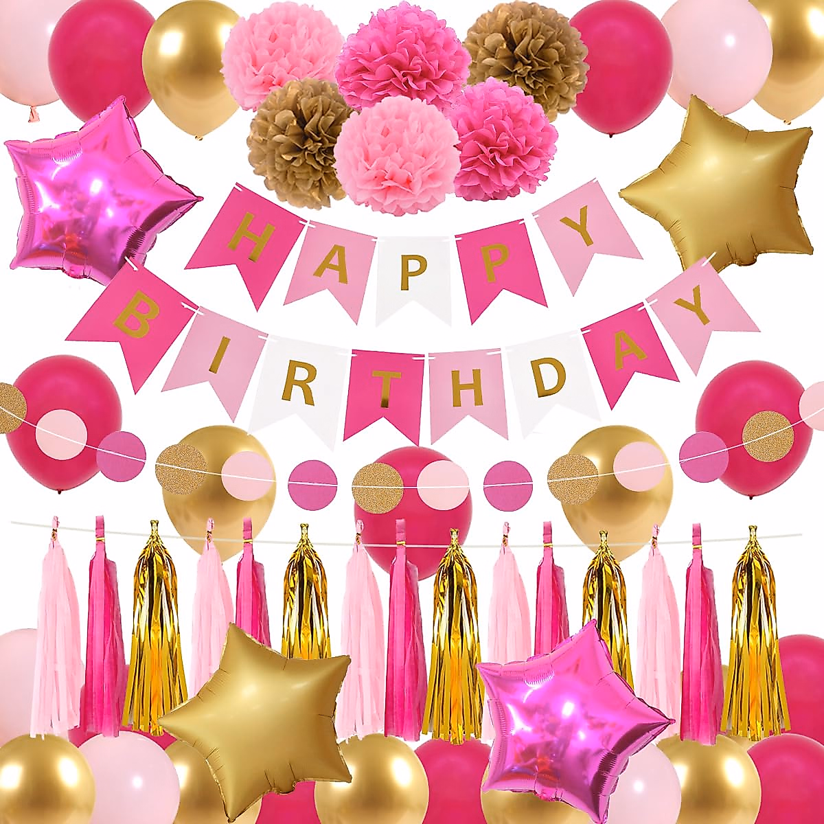 Hot Pink and Gold Birthday Party Decorations with Happy Birthday Banner, Tissue Pom Poms Flowers, Tassels Garland, Rose Red and Gold Balloons, Star Balloons for Women Girls Birthday Supplies