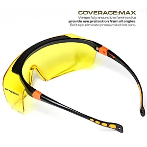 Optic Max Safety Glasses That Fit Over Your Prescription Eyewear. Anti- Fog & Scratch Wraparound Lenses, Adjustable Arms