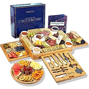 VAREZZA Bamboo Cheese Board and Knife Set Extra Large Charcuterie Board Set - Serving Board, Side Cheese Tray, Round Bamboo Fruit Cheese Platter, 23 Entertaining Accessories for House Warming Gift