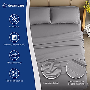 DREAMCARE Full Size Sheets - Cooling Bed Sheets - 4pcs Set - up to 15" Deep Pocket Full Sheet Set - Sheets Full Size Bed - Soft & Long Lasting 100% Fine Brushed Polyester with Side Pocket - LightGray