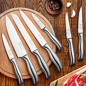 RITSU Knife Set, 13 Pieces Kitchen Knife Set with Block, German Steel Knife Block Set with 6pcs Serrated Steak Knives, Ultra Sharp Chef Knife Set with Hollow Handle