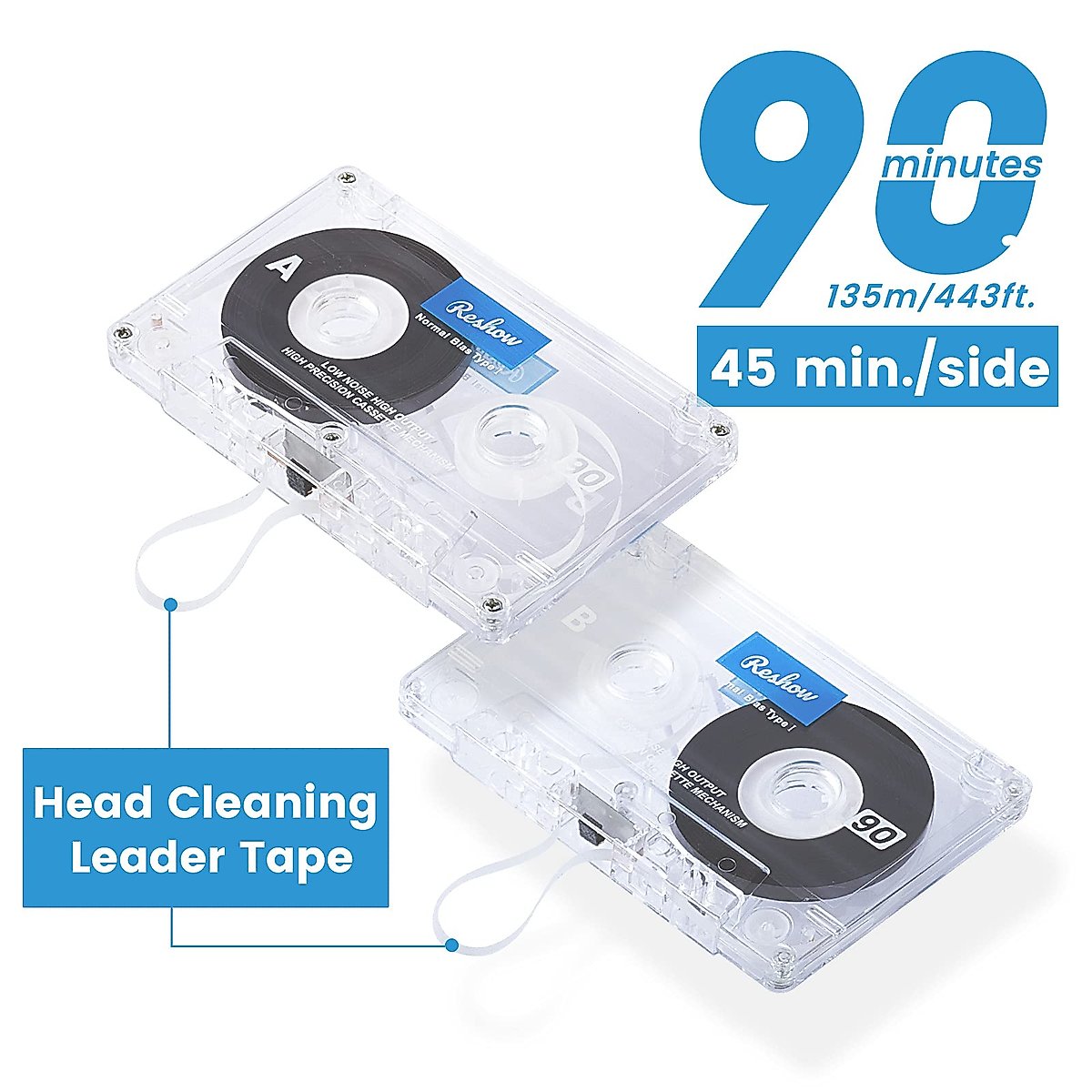 Reshow Audio Cassettes Low Noise High Output 90 min Time Blank Cassettes Tapes with Individual Clear Plastic Cassette Tape Case, Great for Everyday Recording (Pack of 5)