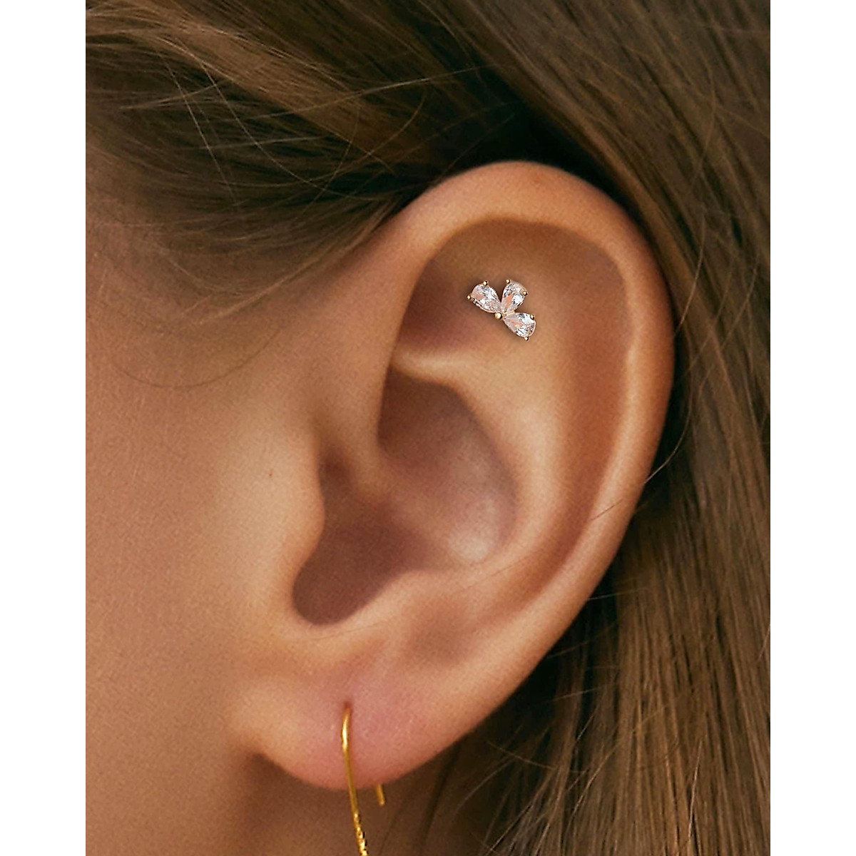 COCHARM 14K Gold Cartilage Earring Stud Yellow Gold 16g Flat Back Cartilage Stud Three leaf 14K Solid Gold Push in Cartilage Piercing Stud Conch Earring Stud Gold